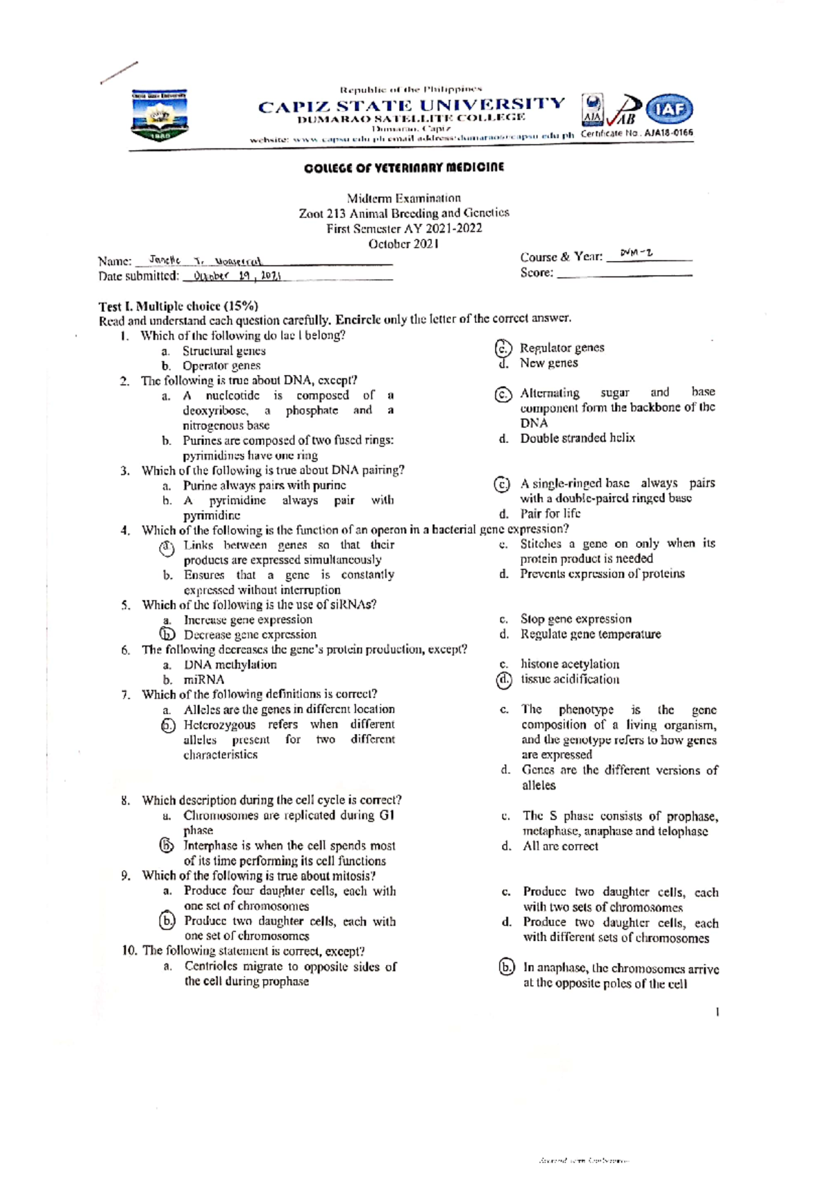 Animal breeding and genetics summative test - Doctor of Veterinary ...