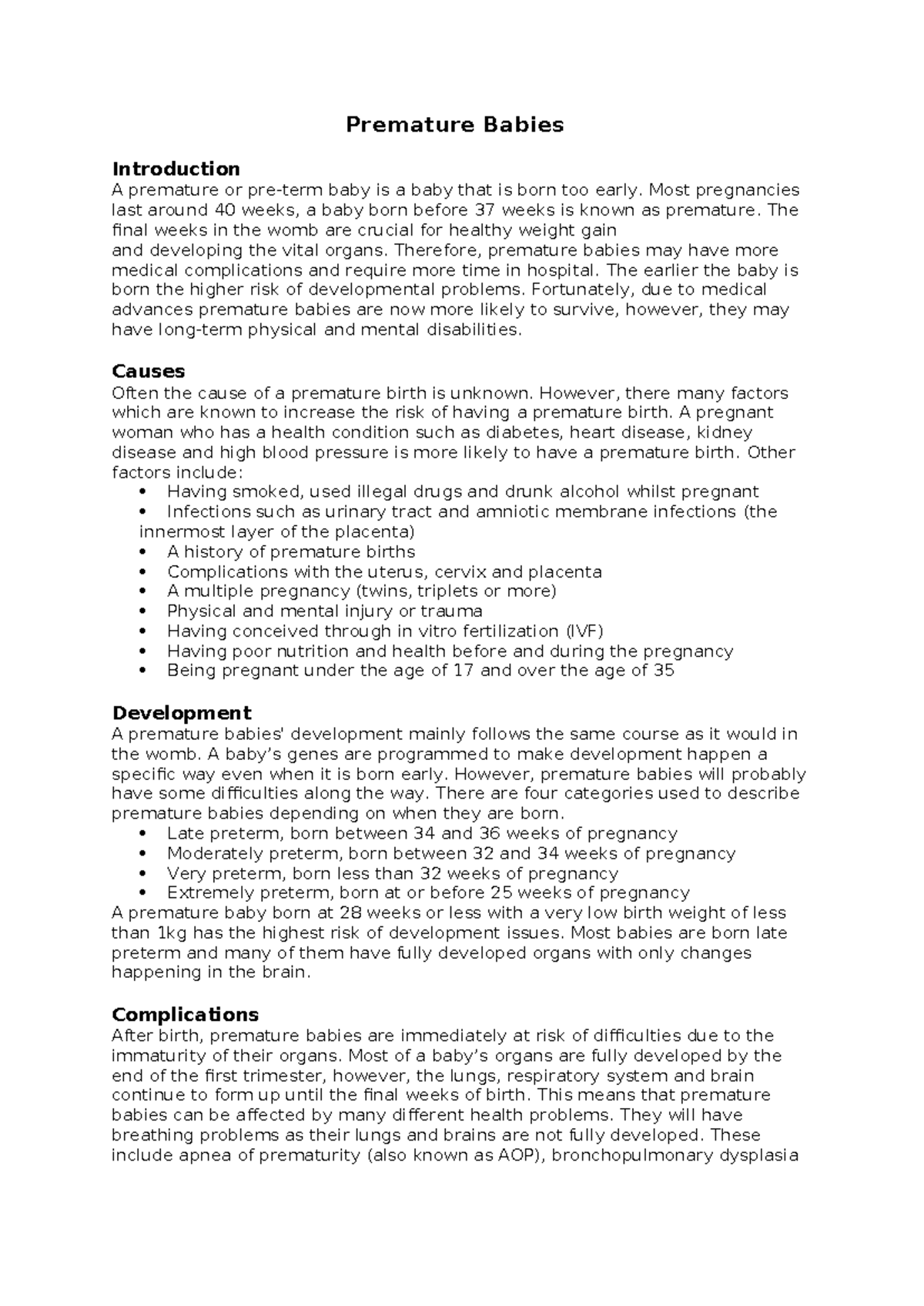 Premature Babies - assignment - Premature Babies Introduction A ...