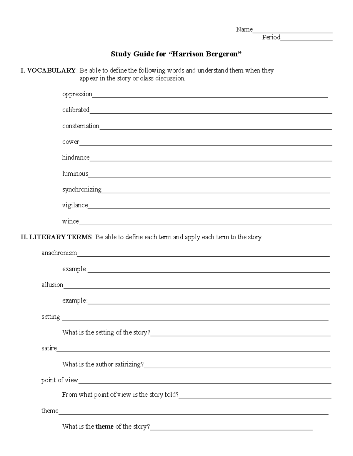 Harrison bergeron study guide - Name_______________________ Period ...