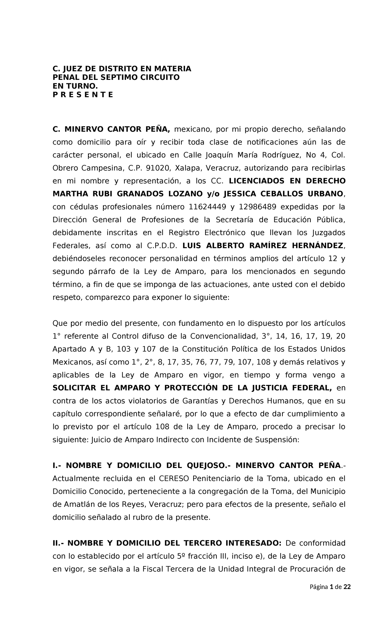 Amparo Indirecto Minervo VS Vinculacion, Medica Cautelar - C. JUEZ DE ...