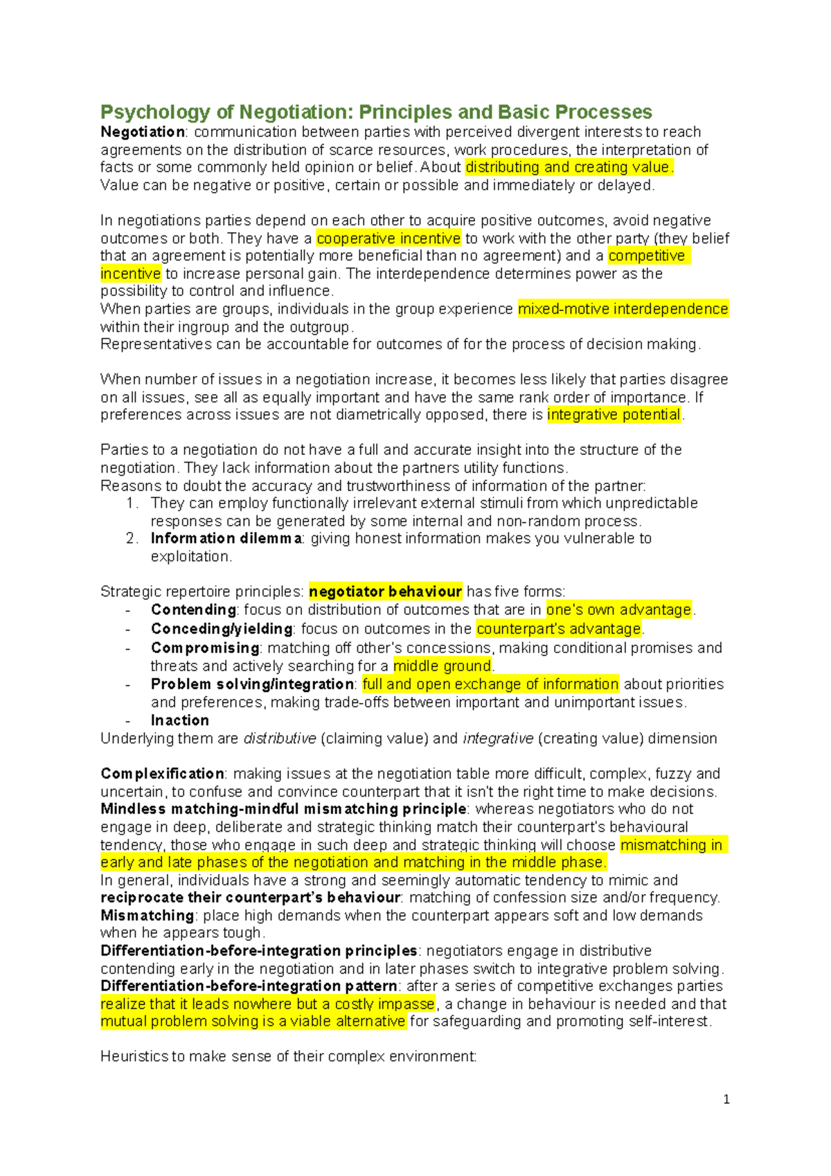 Summary articles - Psychology of Negotiation: Principles and Basic ...