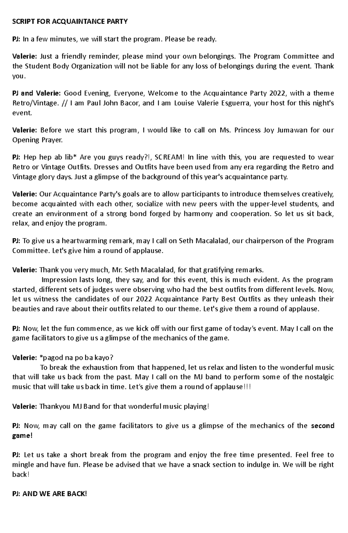 Script for Acq Party - ror - SCRIPT FOR ACQUAINTANCE PARTY PJ: In a few ...