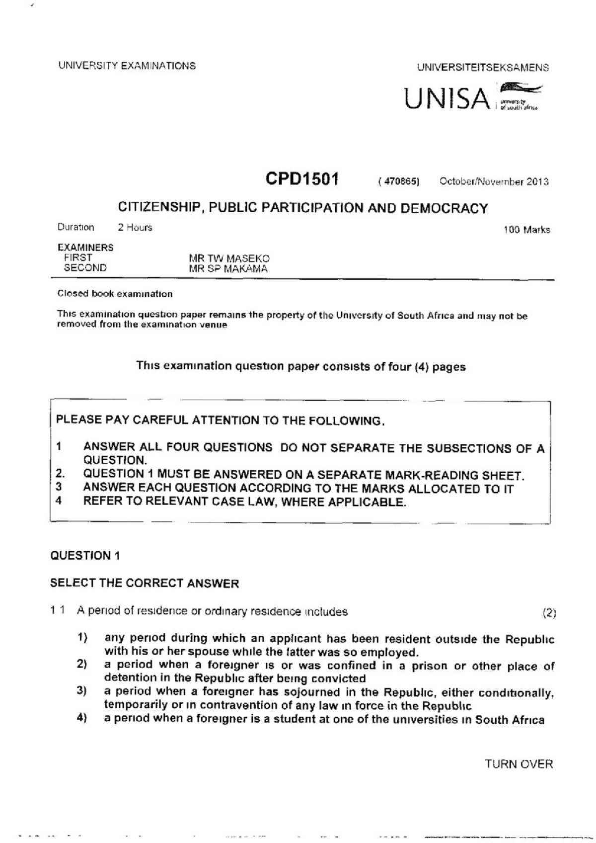 CPD-PAST- Papers - UNIVERSITY EXAMINATIONS UNIVERSITEITSEKSAMENS UNISA ...