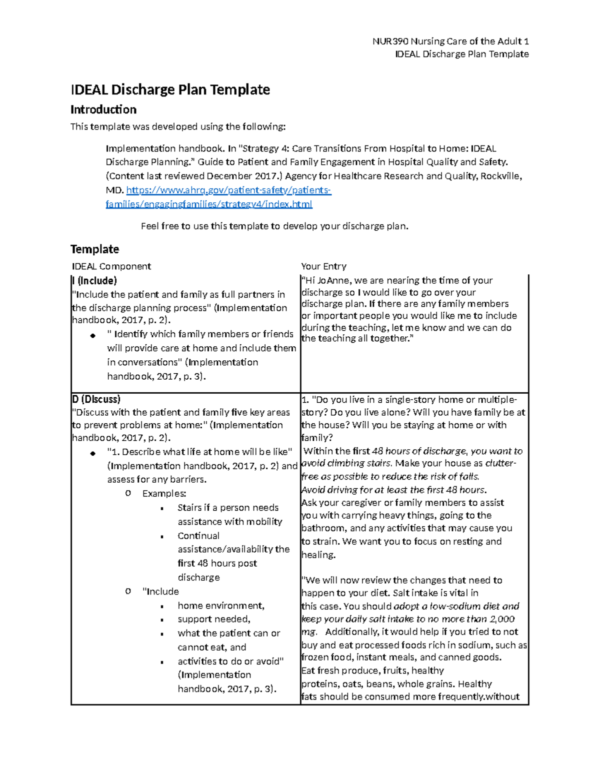 NUR390 Ideal Discharge Plan Template - IDEAL Discharge Plan Template ...