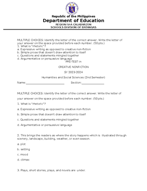 3rd qtr exam CNF - worksheet - Republic of the Philippines Department of Education REGION IV-A ...