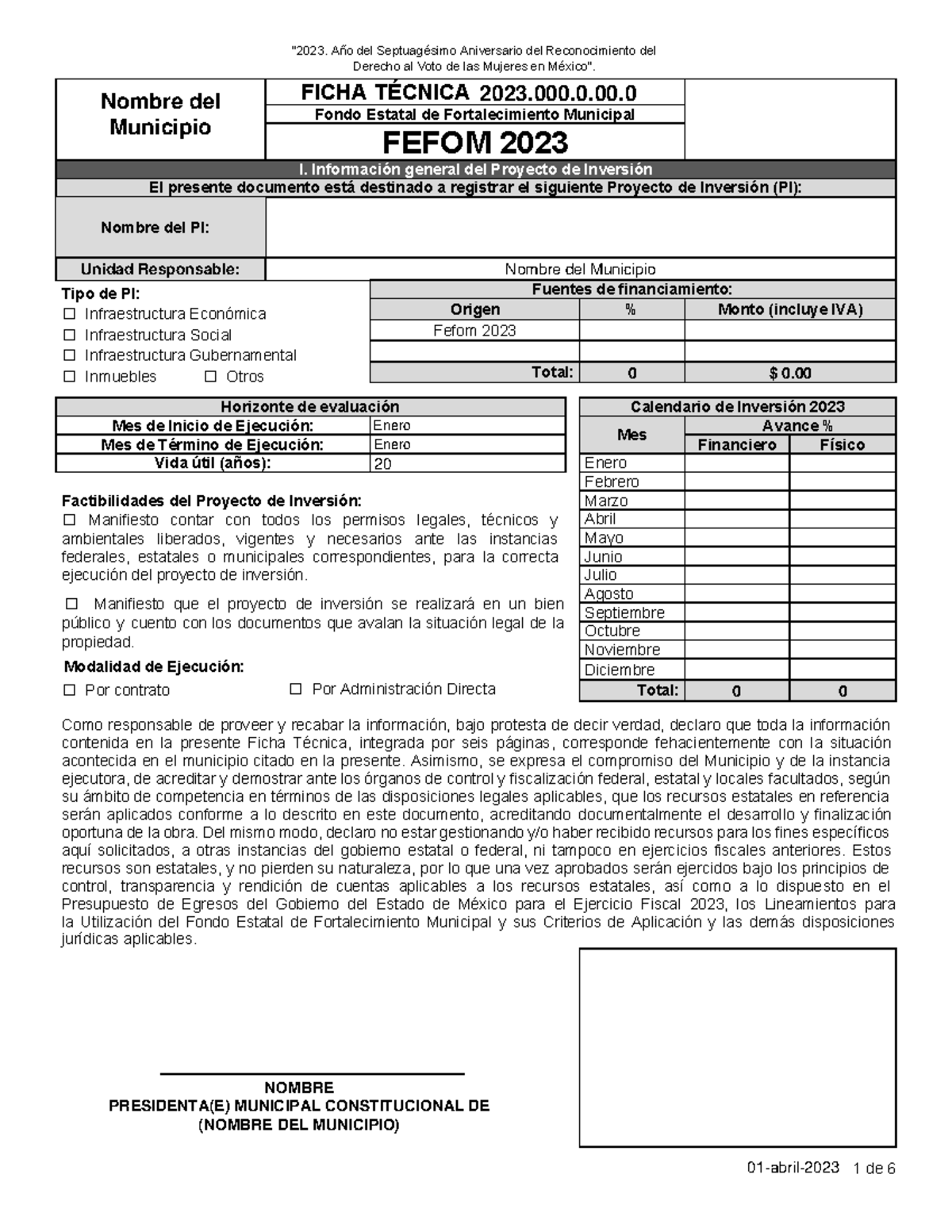 Ficha Tecnica Fefom 2023 - FICHA TÉCNICA Fondo Estatal de Fortalecimiento Municipal FEFOM 2023 I ...