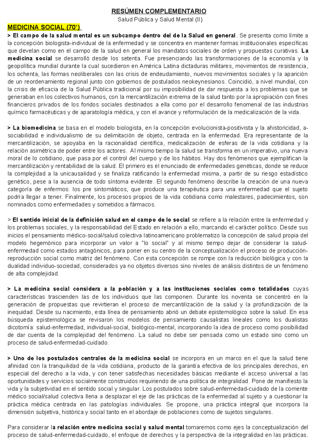 Resumen Final Complementario - RESÚMEN COMPLEMENTARIO Salud Pública y Salud Mental (II) MEDICINA ...