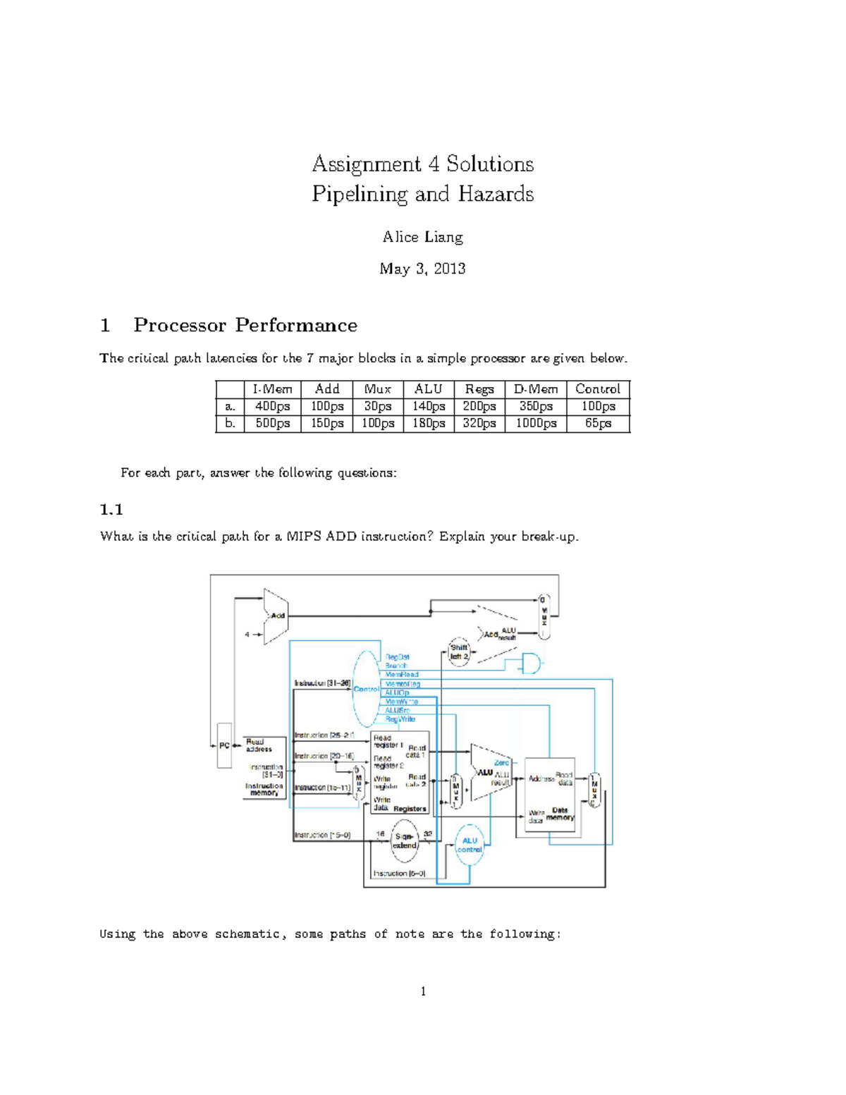 Pipelining - Assignment 4 Solutions Pipelining and Hazards Alice Liang ...