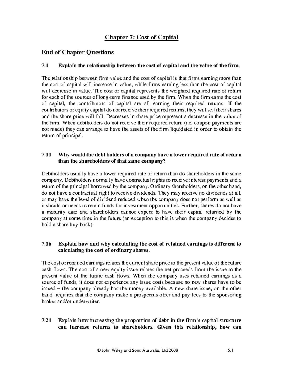 Tute solution Chp 07 - Tutorial Answers for AF201 Chapter 7 - Chapter 7: Cost of Capital End of ...