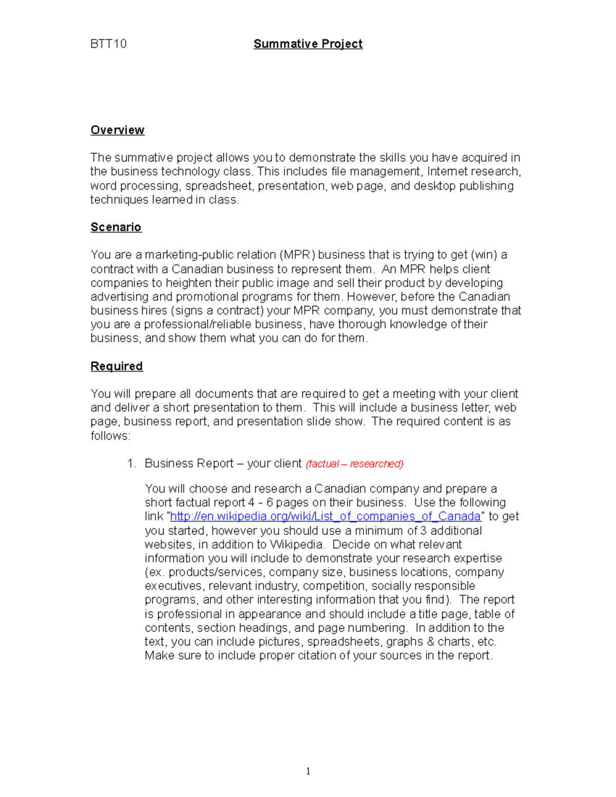Summative Instructions v2016 - BTT10 Summative Project Overview The ...