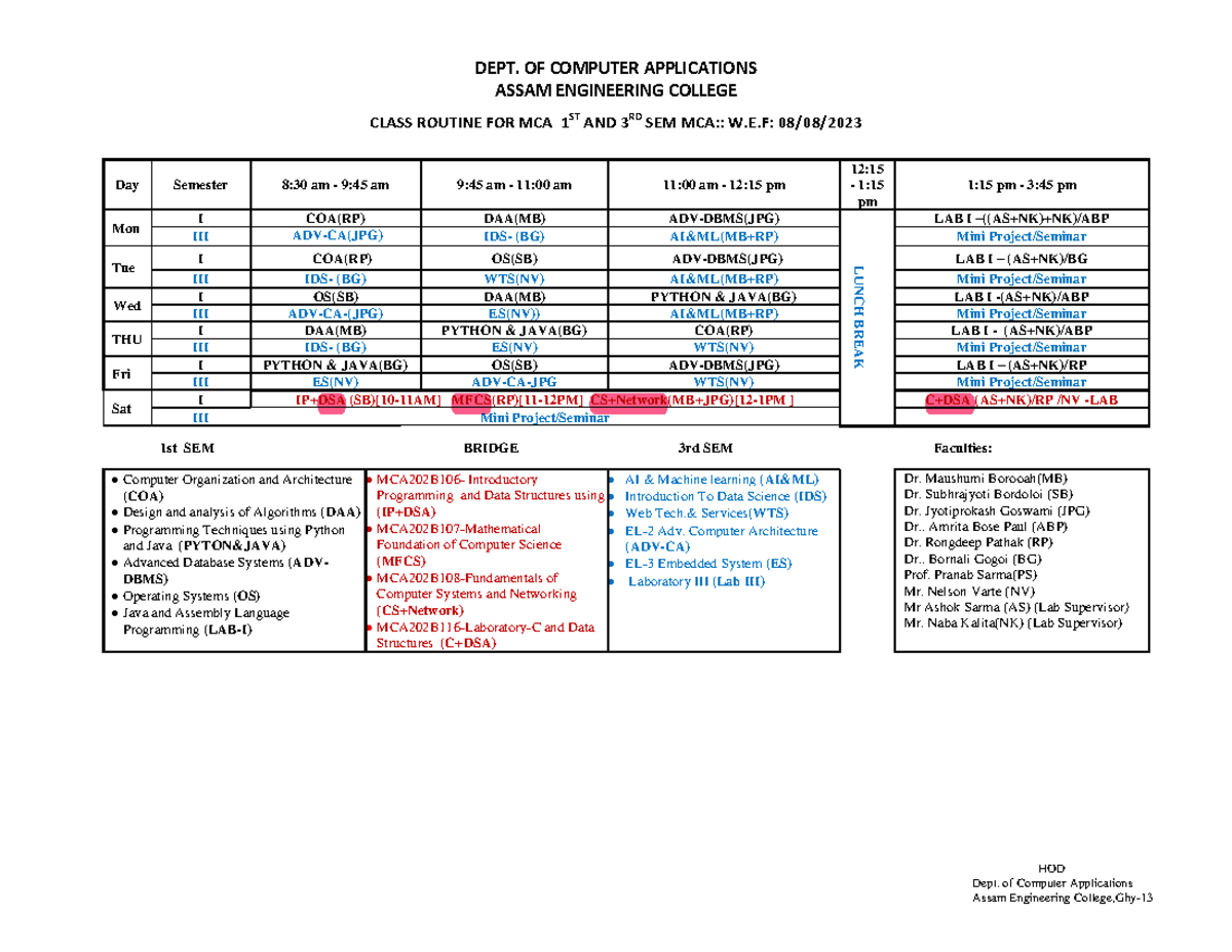 Class Routine FOR MCA 1ST AND 3RD SEM MCA - DEPT. OF COMPUTER ...
