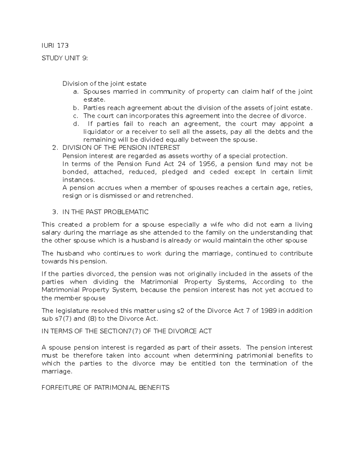 Study unit 9 173 - summary of SU 9 - IURI 173 STUDY UNIT 9: Division of ...
