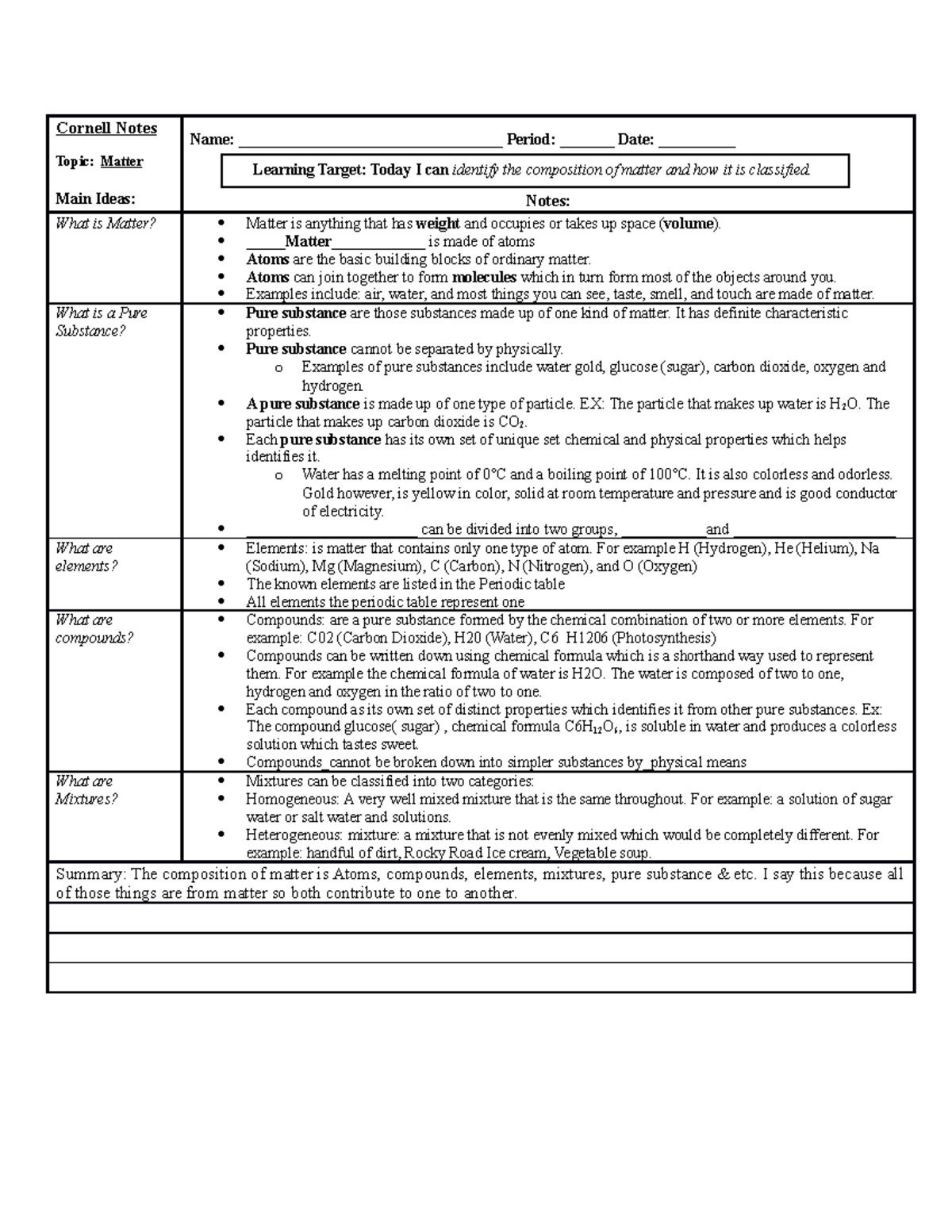 What is Matter Cornell Notes - Cornell Notes Topic: Matter Main Ideas ...