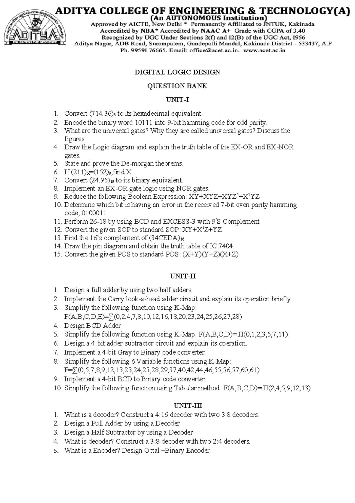 DLD Question BANK - DIGITAL LOGIC DESIGN QUESTION BANK UNIT-I Convert ...