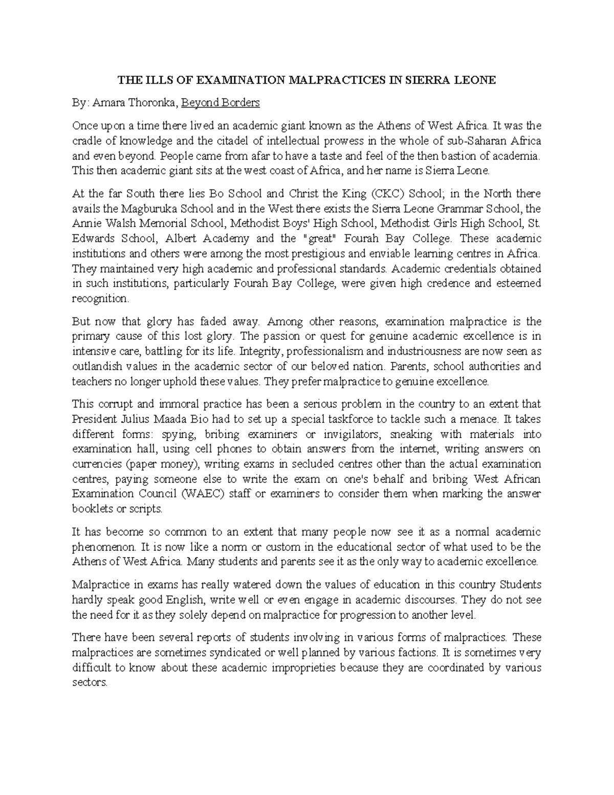 THE ILLS OF Examination Malpractices IN Sierra Leone - THE ILLS OF ...