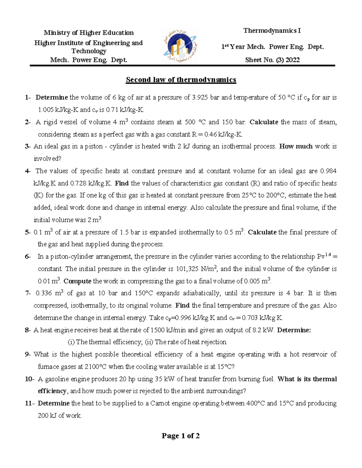 Sheet 3 - Thermodynamics course by Dr. Mohamed Elsayed Ahmed - Page 1 ...