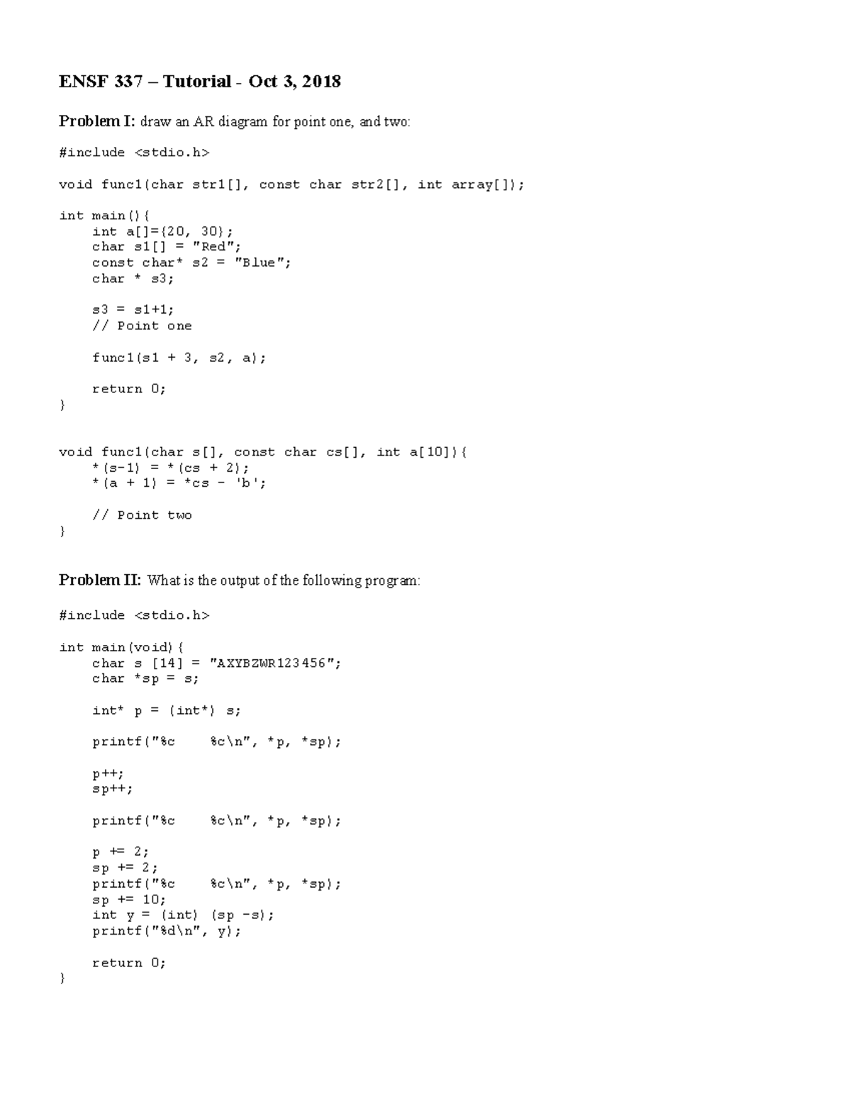 03 Tutorial- Fall 2018 - ENSF 337 Tutorial Oct 3, 2018 Problem I: draw an AR diagram for point ...