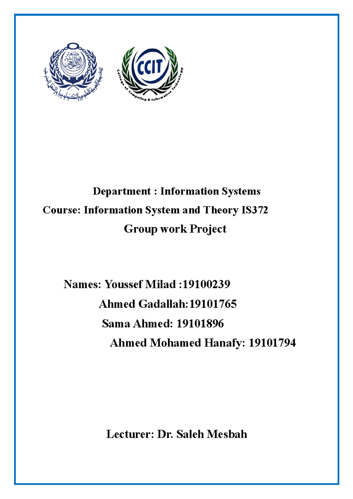 IS372-Ahmed Gadallah 19101765-Group work -Course Project - Department ...