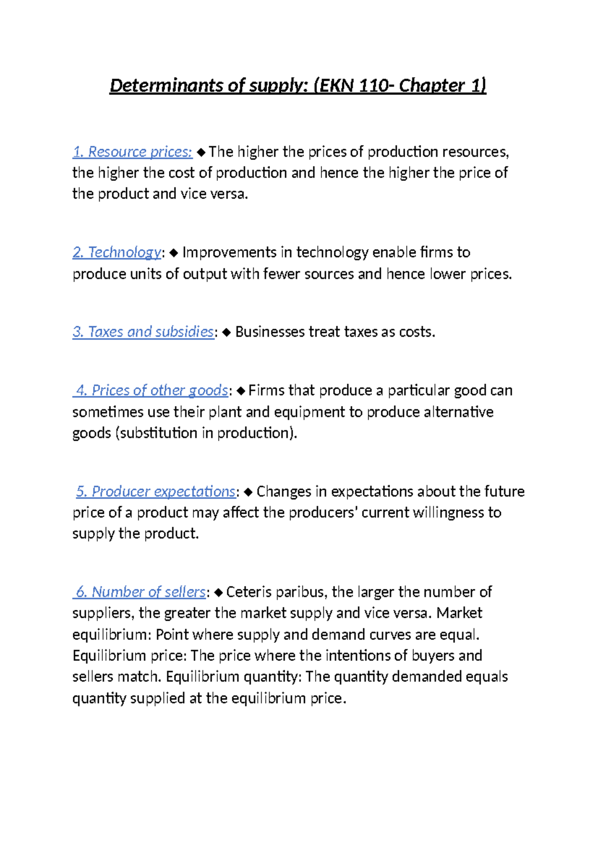Determinants of supply-Ch 1 - Determinants of supply: (EKN 110- Chapter ...
