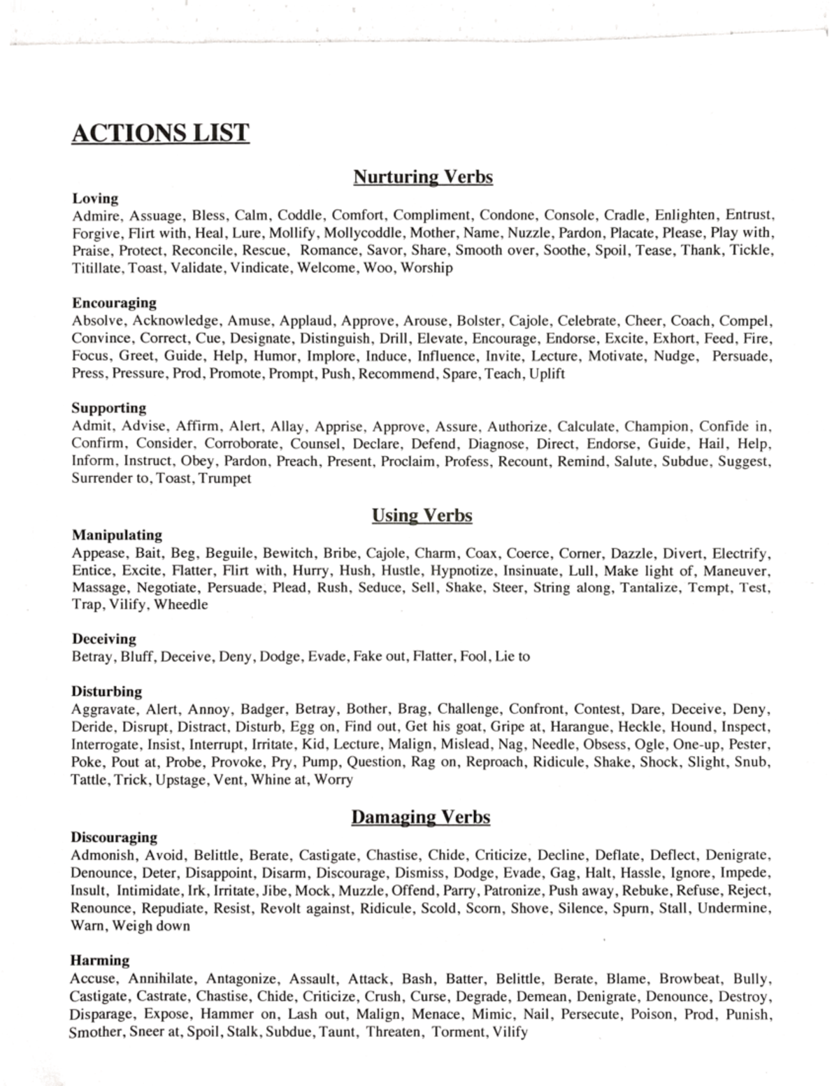 Actions List - action list for actors - ACTIONS LIST Nurturing Verbs ...