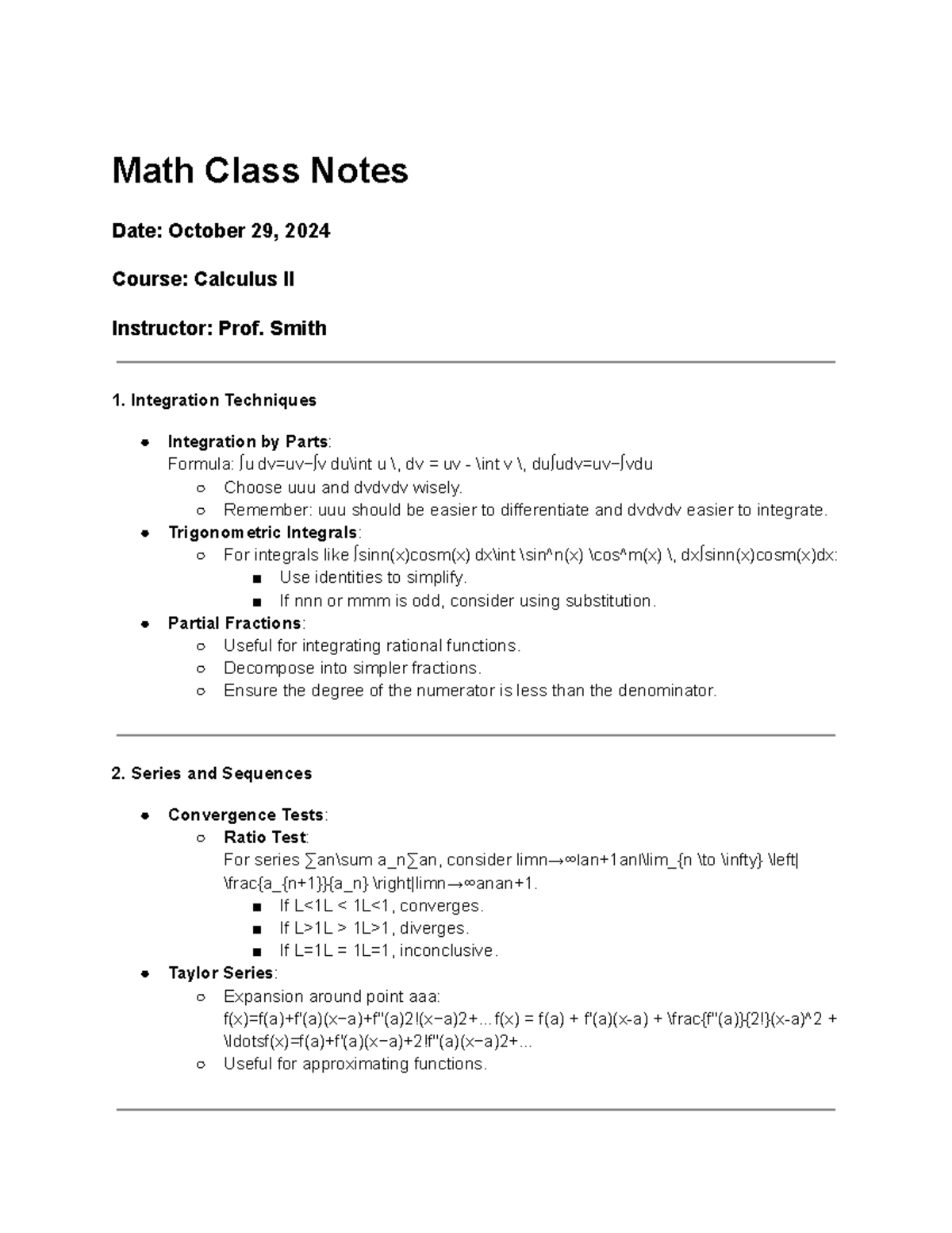 Math Class Notes - Math Class Notes Date: October 29, 2024 Course ...