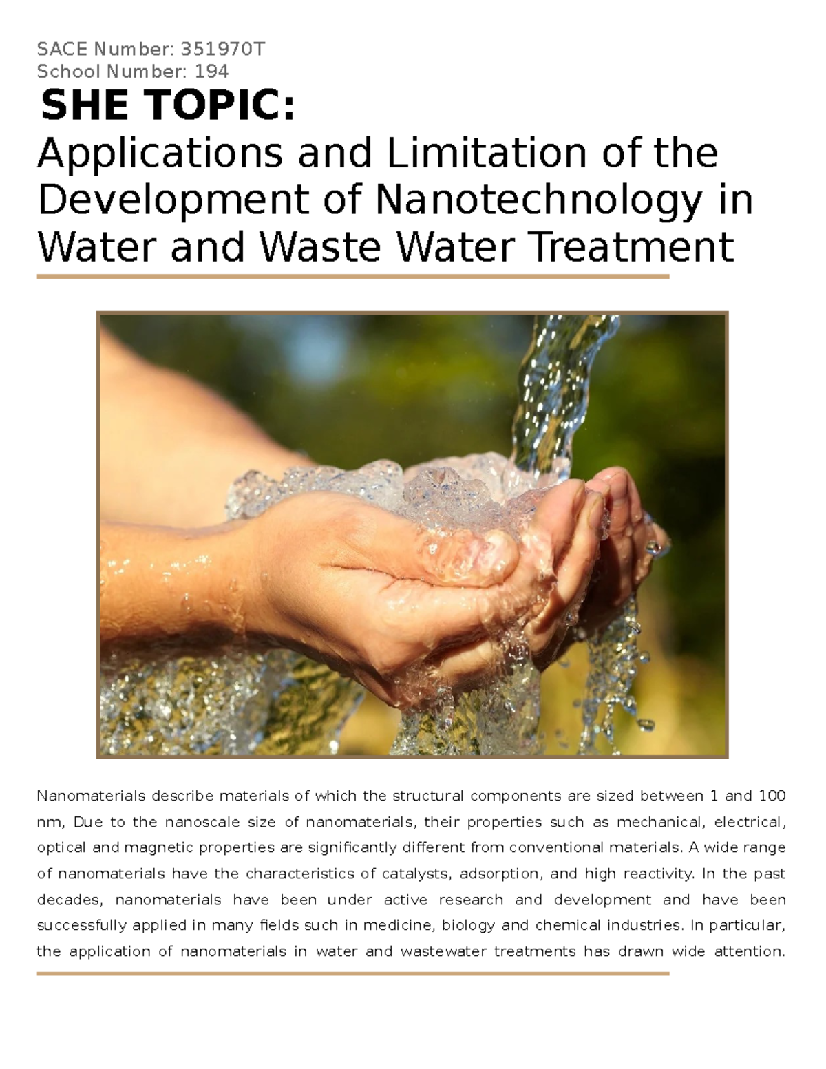 Stage 2 Chemistry SHE essay - SACE Number: 351970T School Number: 194 ...