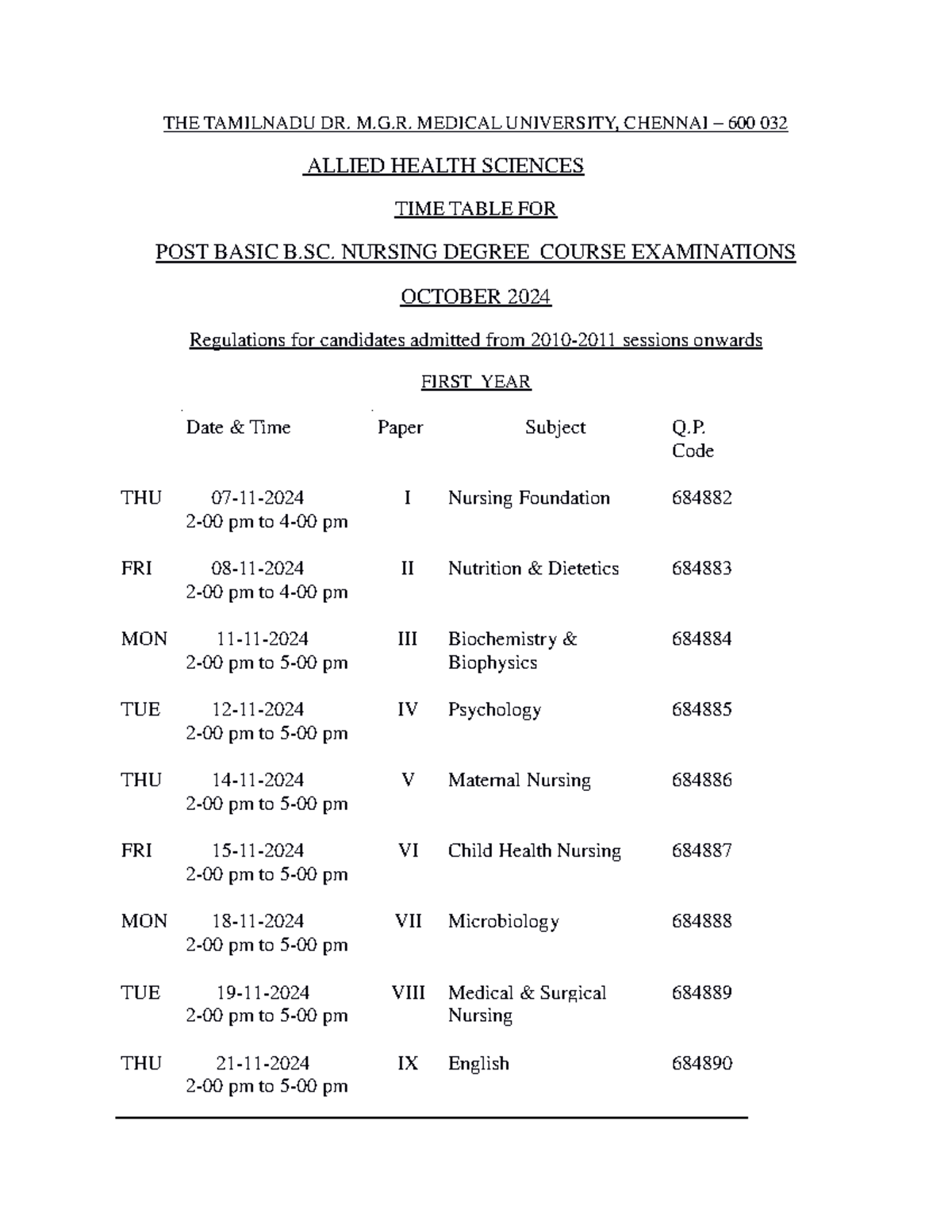PBBSc N First TT Schedule Oct2024 - THE TAMILNADU DR. M.G. MEDICAL ...