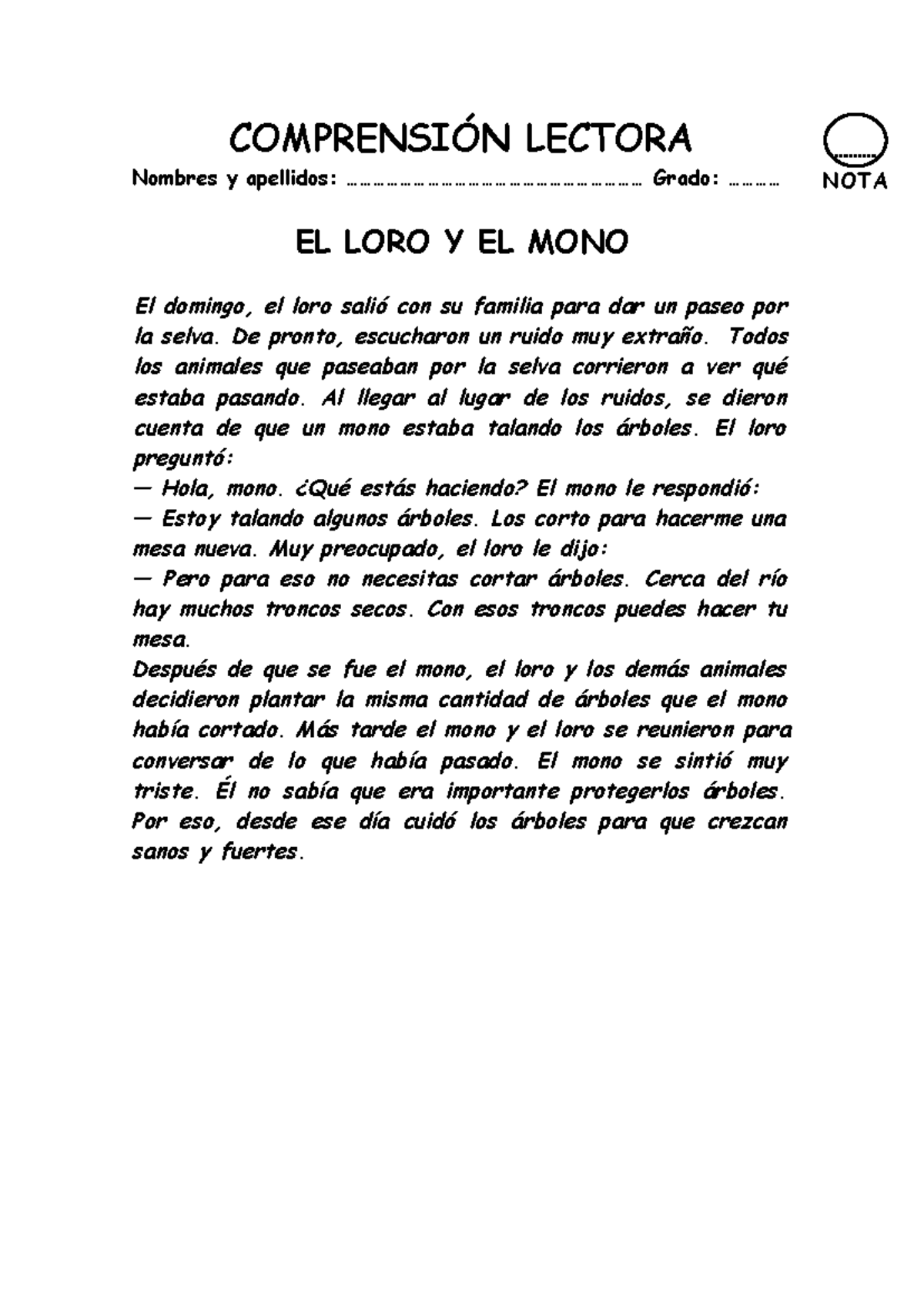 EL LORO Y EL MONO - LECTURA - COMPRENSIÓN LECTORA Nombres y apellidos ...