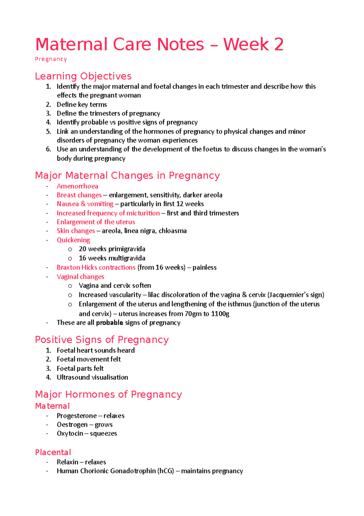 Maternal Care Notes – Week 2 - Maternal Care Notes – Week 2 Pregnancy ...