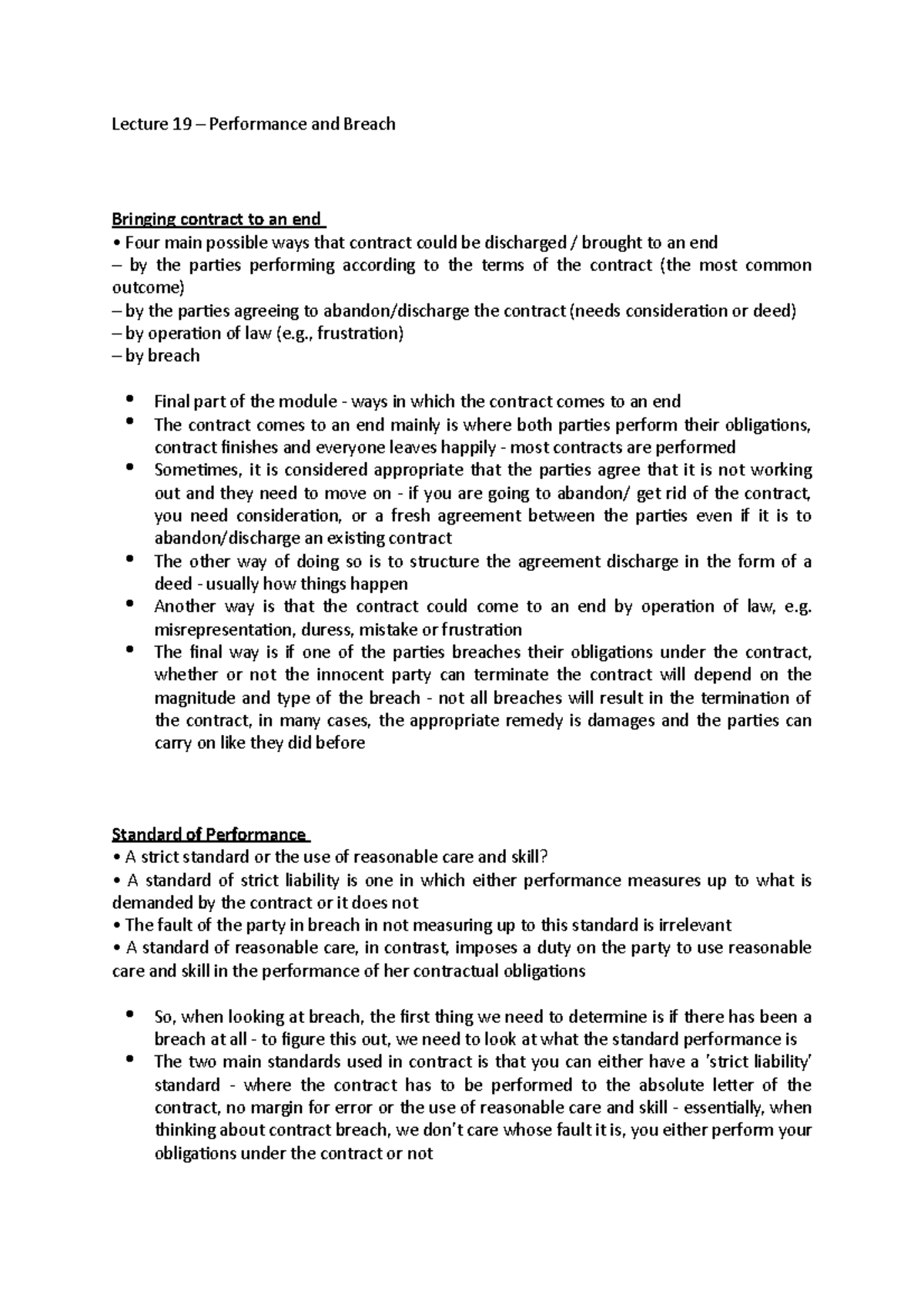 Lecture 19 - Performance and Breach - Lecture 19 – Performance and Breach Bringing contract to ...