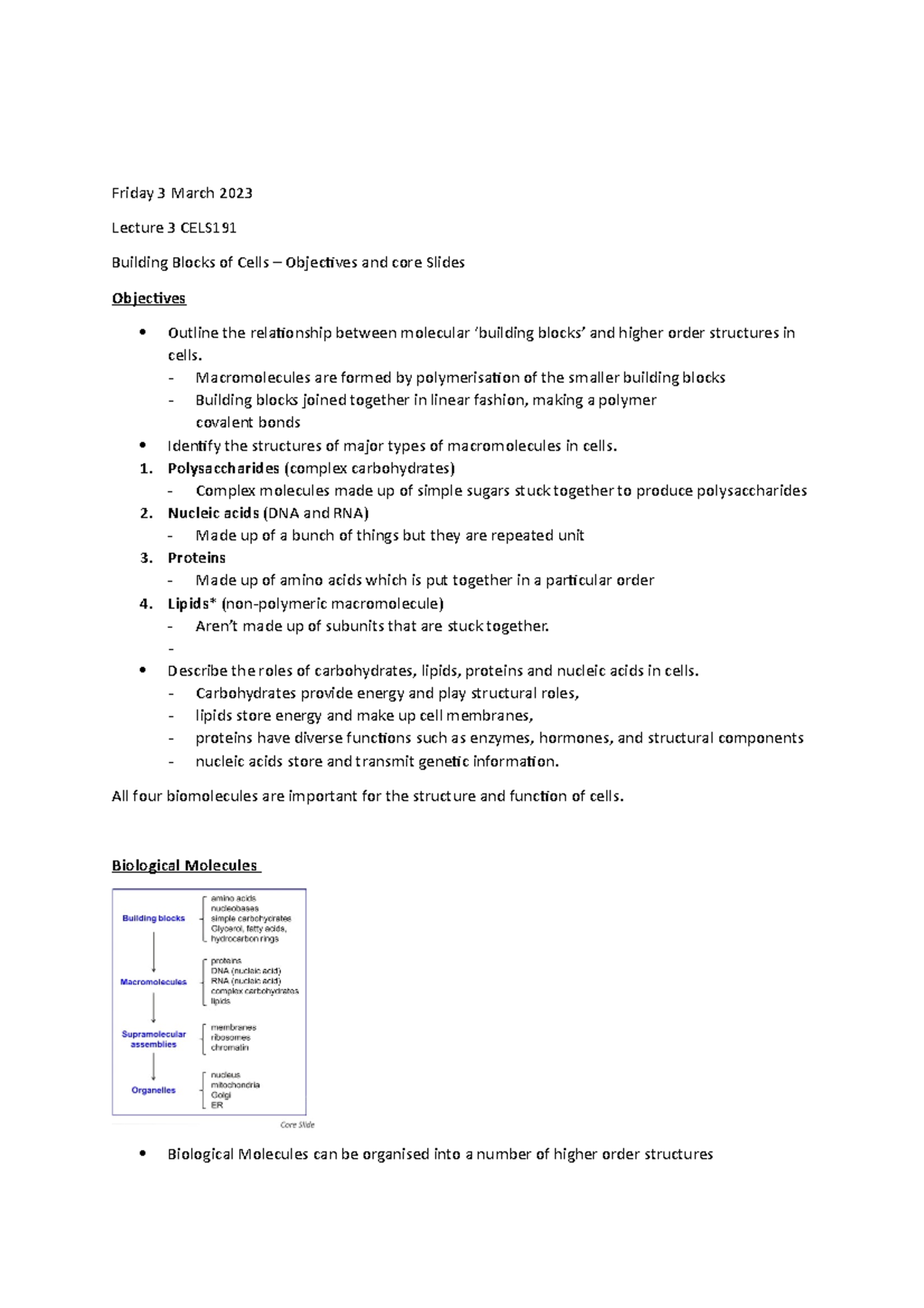 Lecture 3 - Friday 3 March 2023 Lecture 3 CELS Building Blocks of Cells ...