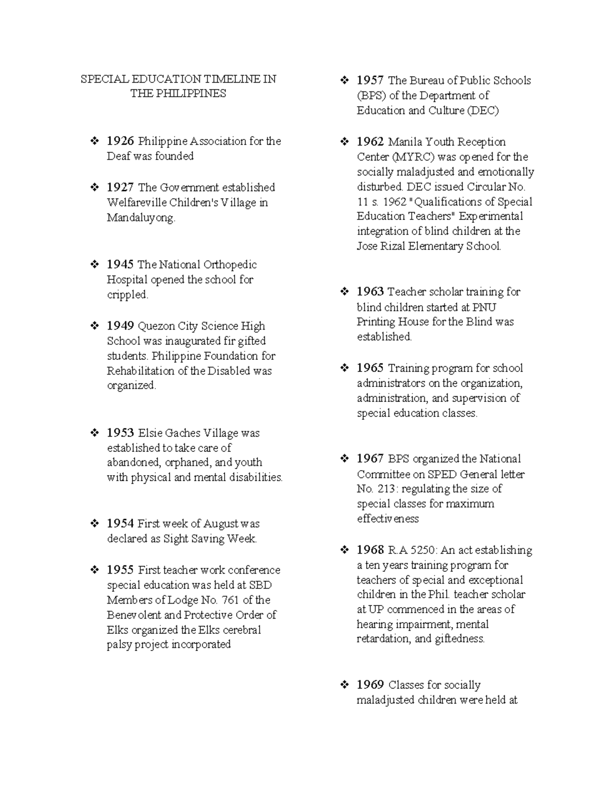 Special Education IN THE Philippines - SPECIAL EDUCATION TIMELINE IN THE PHILIPPINES 1926 - Studocu