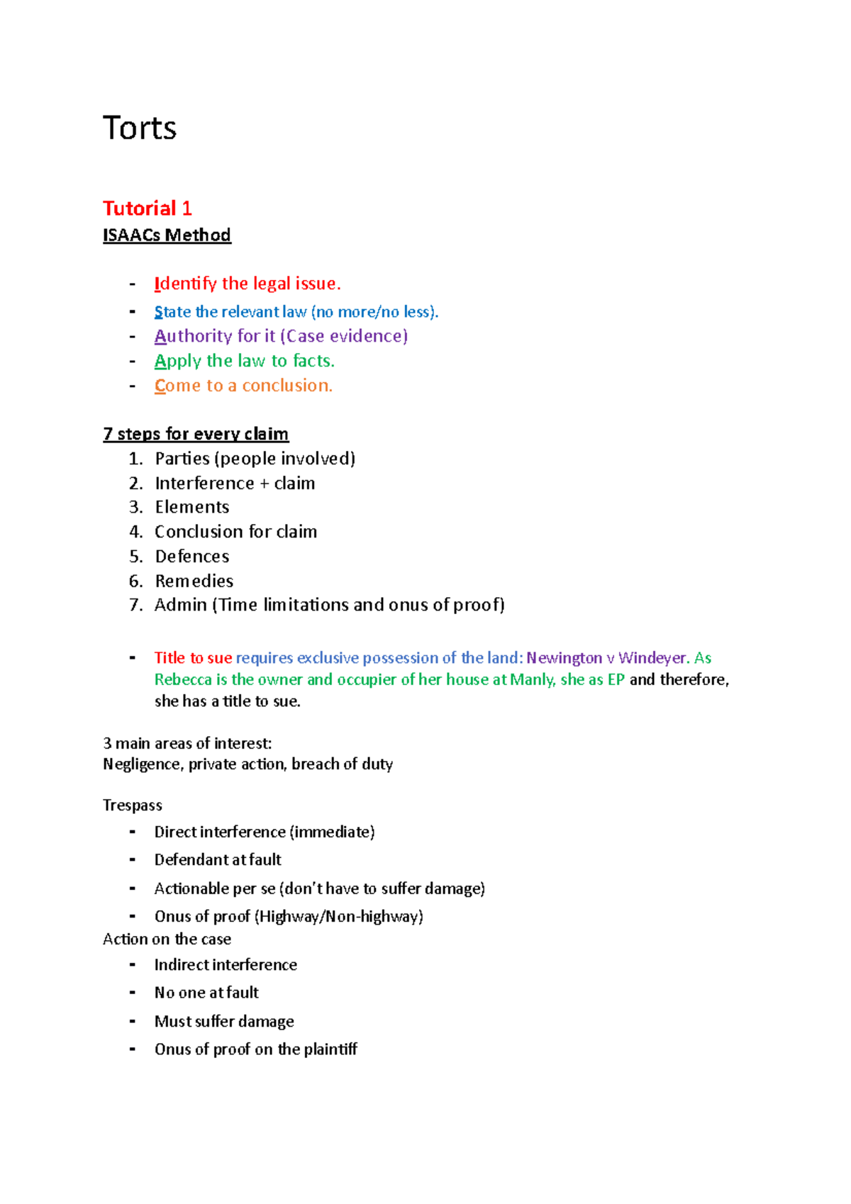 Torts Sem1 - Notes from tutorials weeks 1-4 - Torts Tutorial 1 ISAACs ...