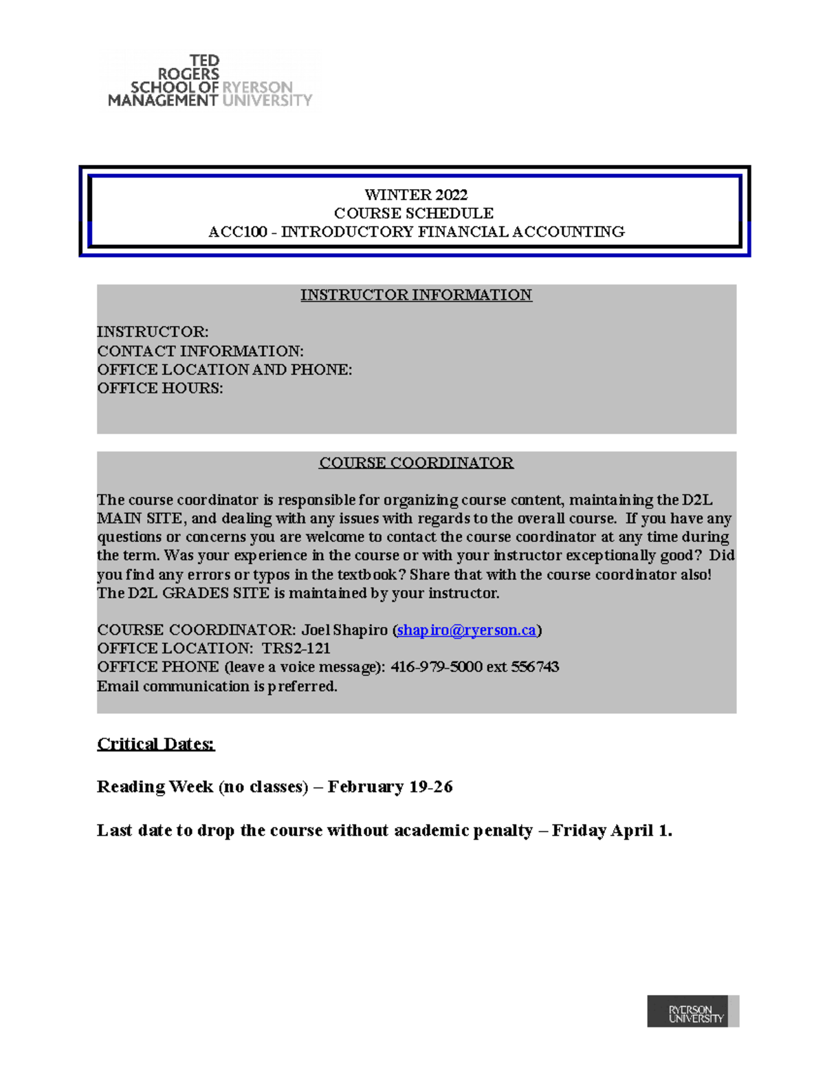 ACC100 - Course Schedule - Winter 2022 - WINTER 2022 COURSE SCHEDULE ...