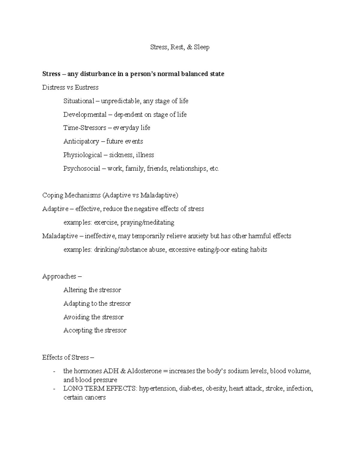 Stress, Rest, Coping Notes - Stress, Rest, & Sleep Stress – any ...
