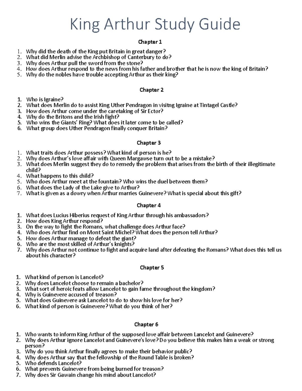 Arthur Story Study Guide - King Arthur Study Guide Chapter 1 Why did ...