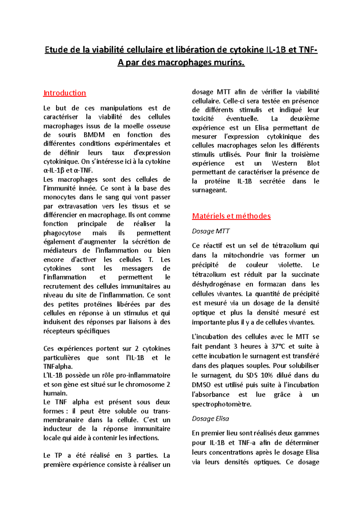 TP immuno - Etude de la viabilité cellulaire et libération de cytokine IL-1B et TNF- A par des ...