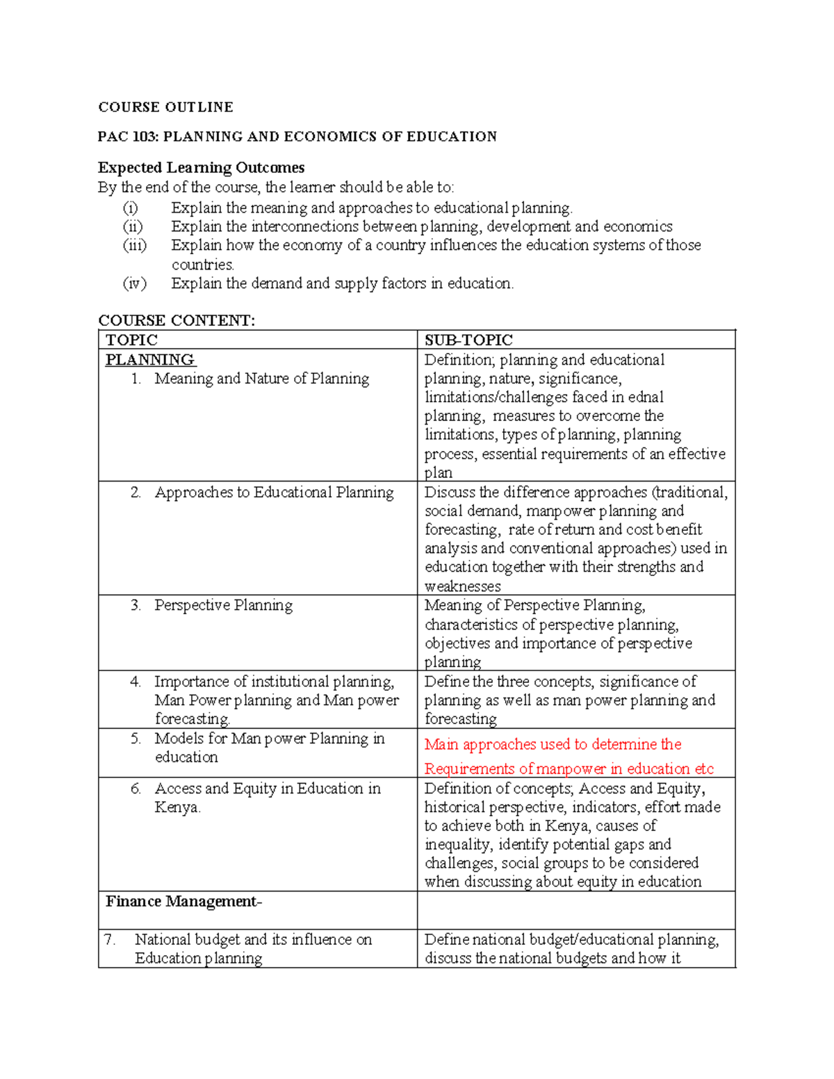 Course Outline -PAC 103 Planning AND Economics 2024 - COURSE OUTLINE ...
