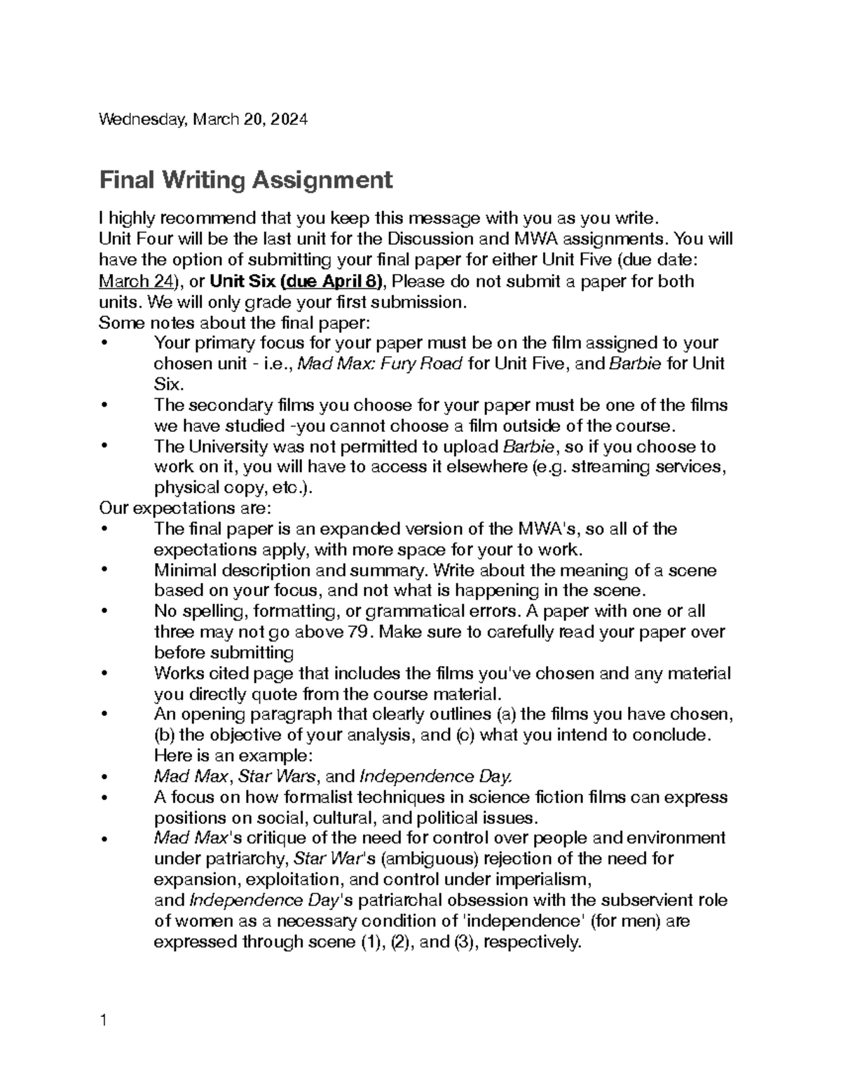 Writing Guideline For Final Paper - Wednesday, March 20, 2024 Final Writing Assignment I highly ...