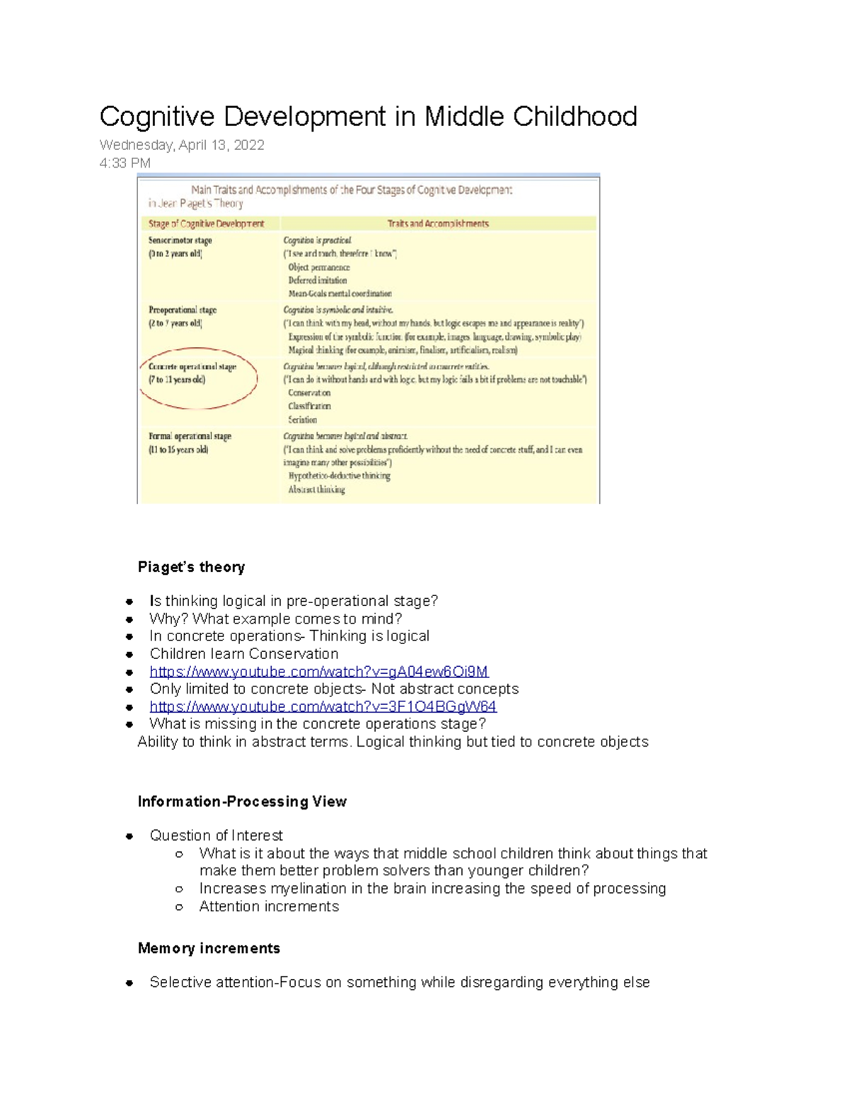 CHILD DEVELOPMENT - Cognitive Development in Middle Childhood Wednesday ...