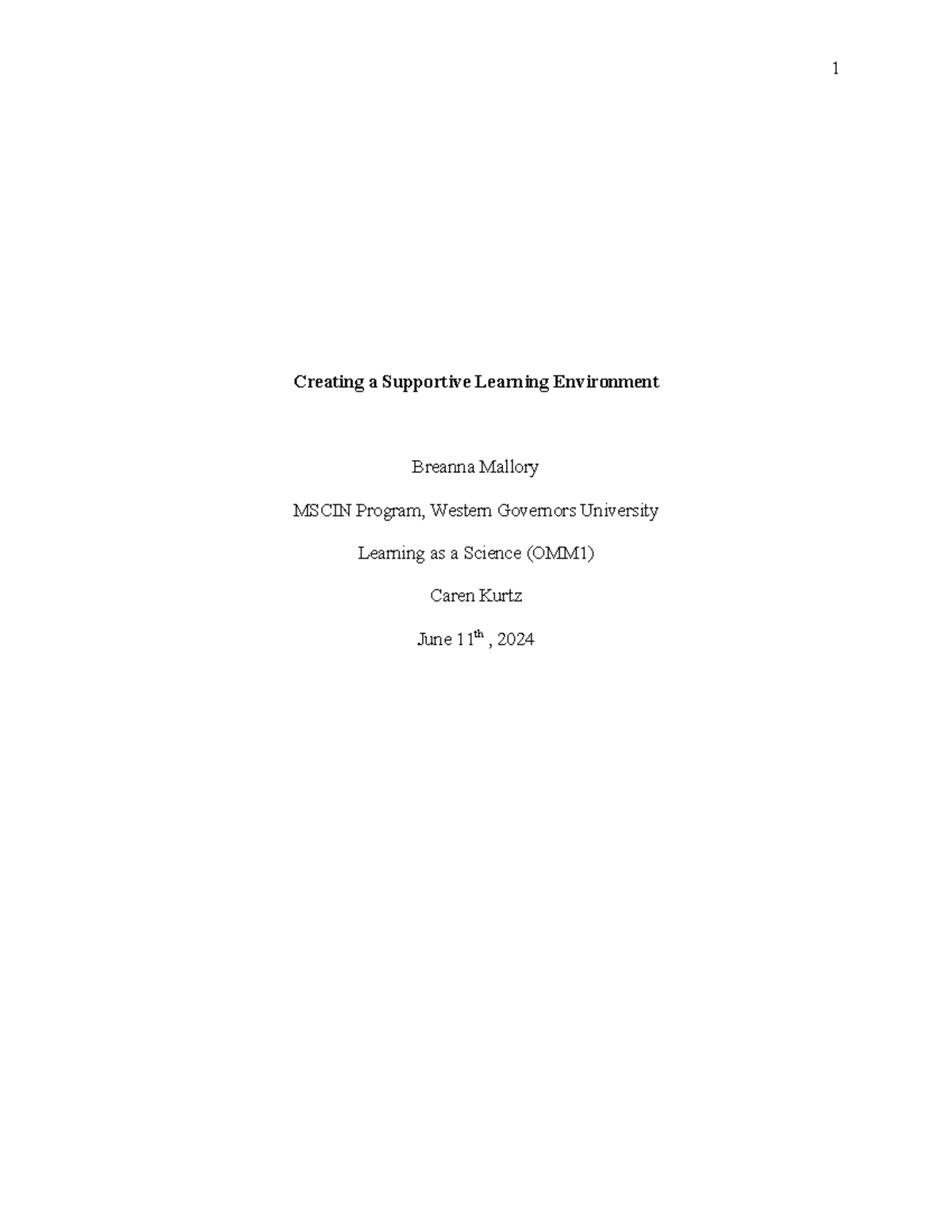 B. Mallory - D186 Task 1 - Creating a Supportive Learning Environment (passed) - Creating a ...