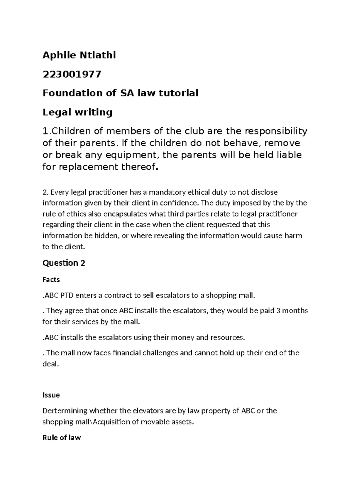 Tut law legal writing - Aphile Ntlathi 223001977 Foundation of SA law ...