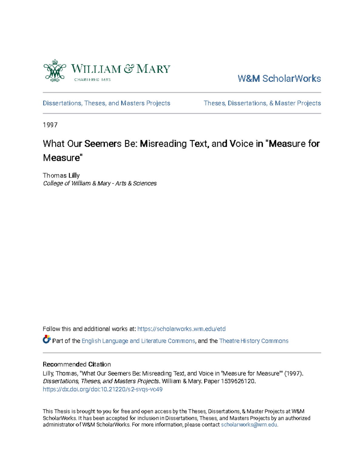 What Our Seemers Be Misreading Text and Voice in Measure for M - W&M ...