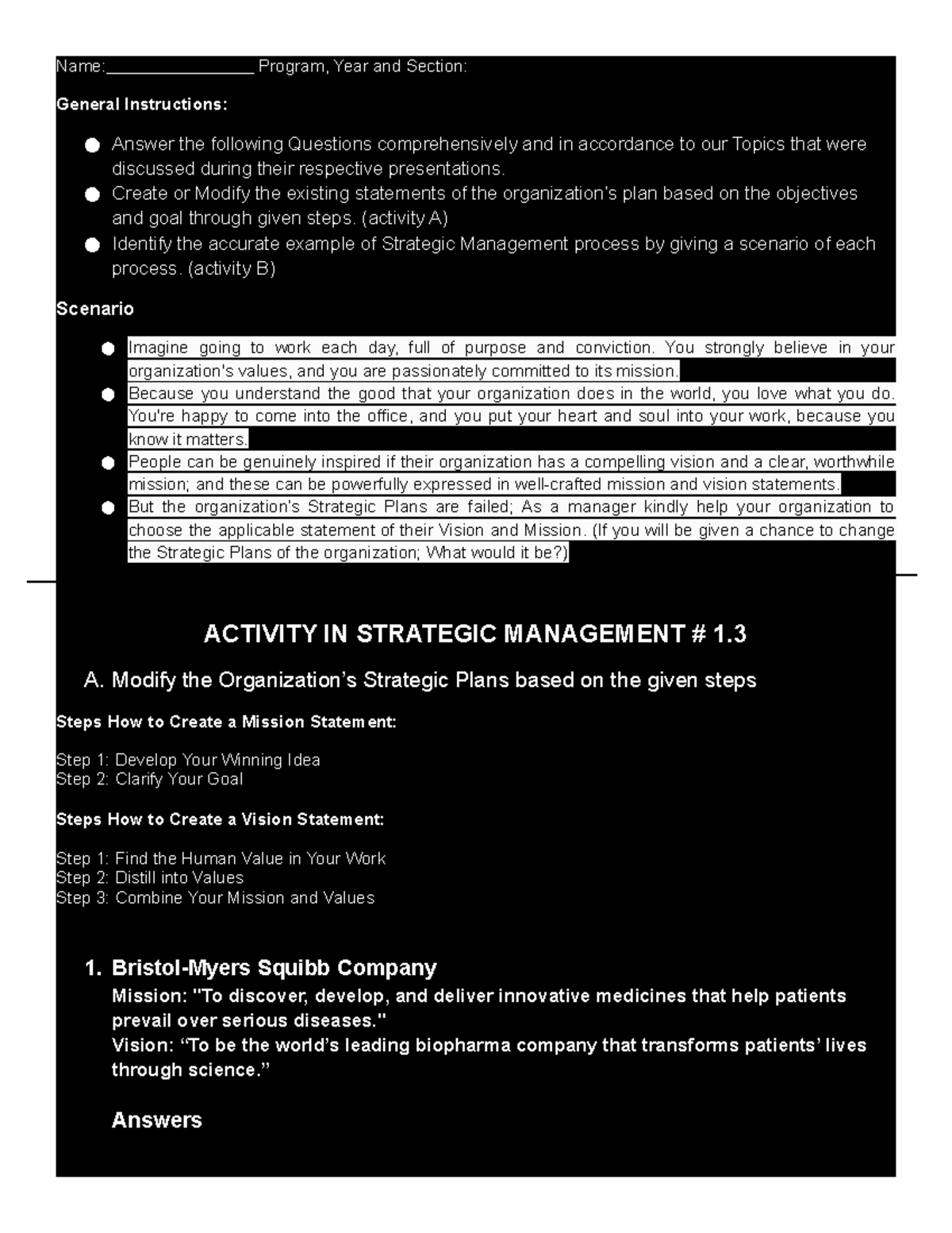 Strategic Management Sample Activity - Operations Management CBME ...