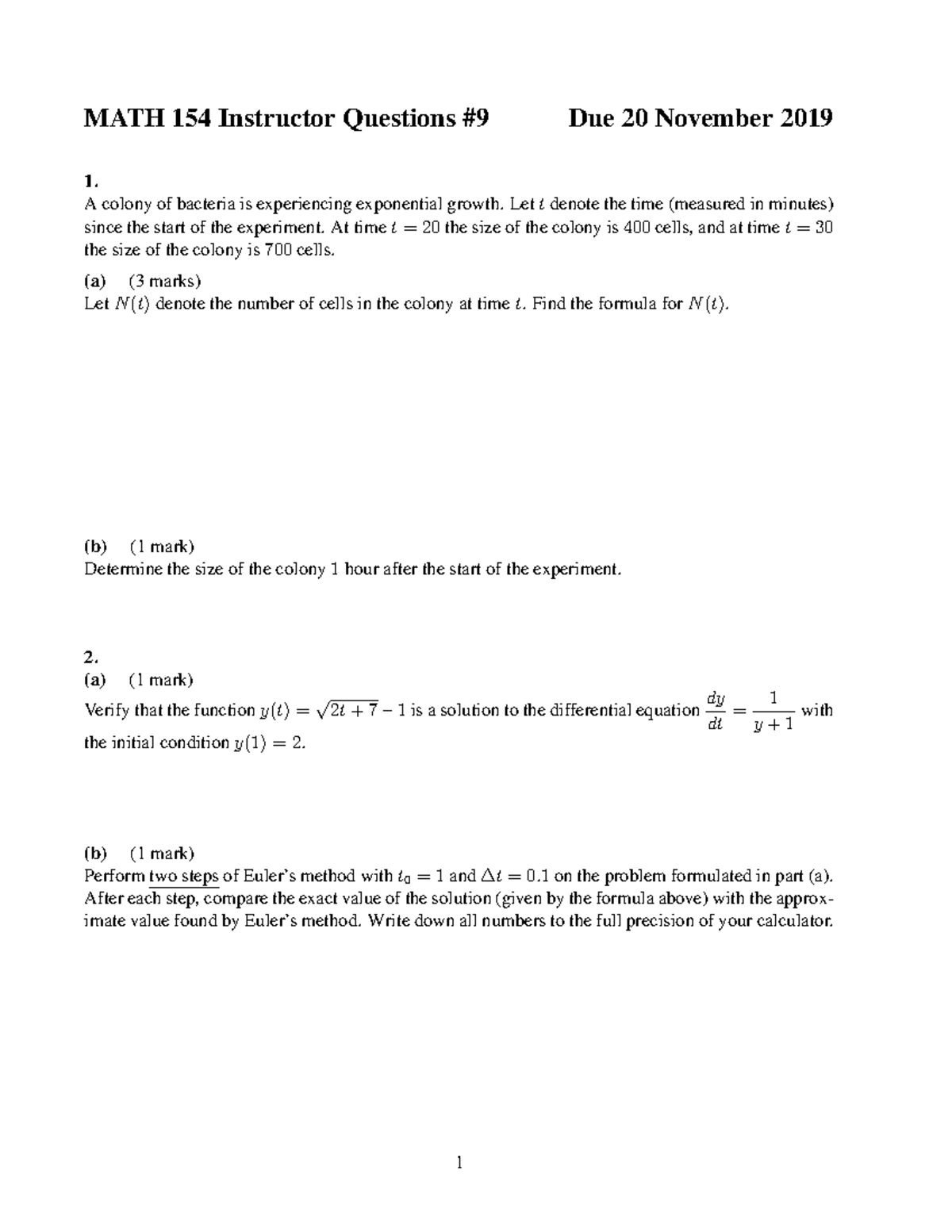 Exam 2 September 2016, questions and answers - MATH 154 Instructor Questions #9 Due 20 November ...