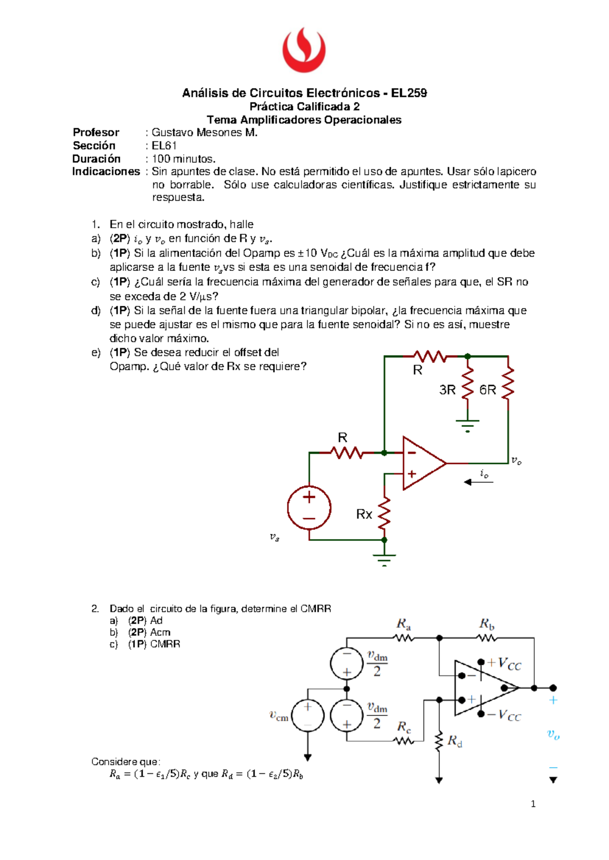 EL259 PC2 Análisis de Circuitos Electrónicos EL61 2024-2 - 1 Análisis de Circuitos Electrónicos ...