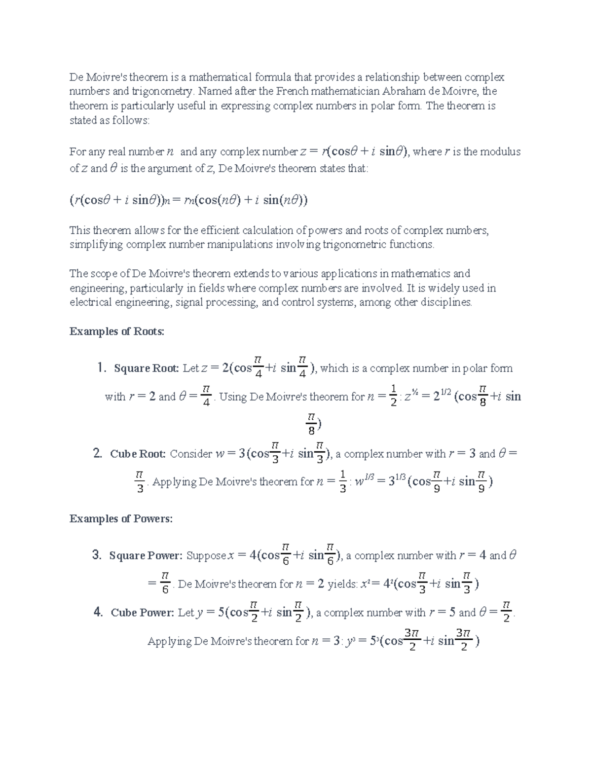 Math 1201 discussion Post unit 8 - De Moivre's theorem is a ...
