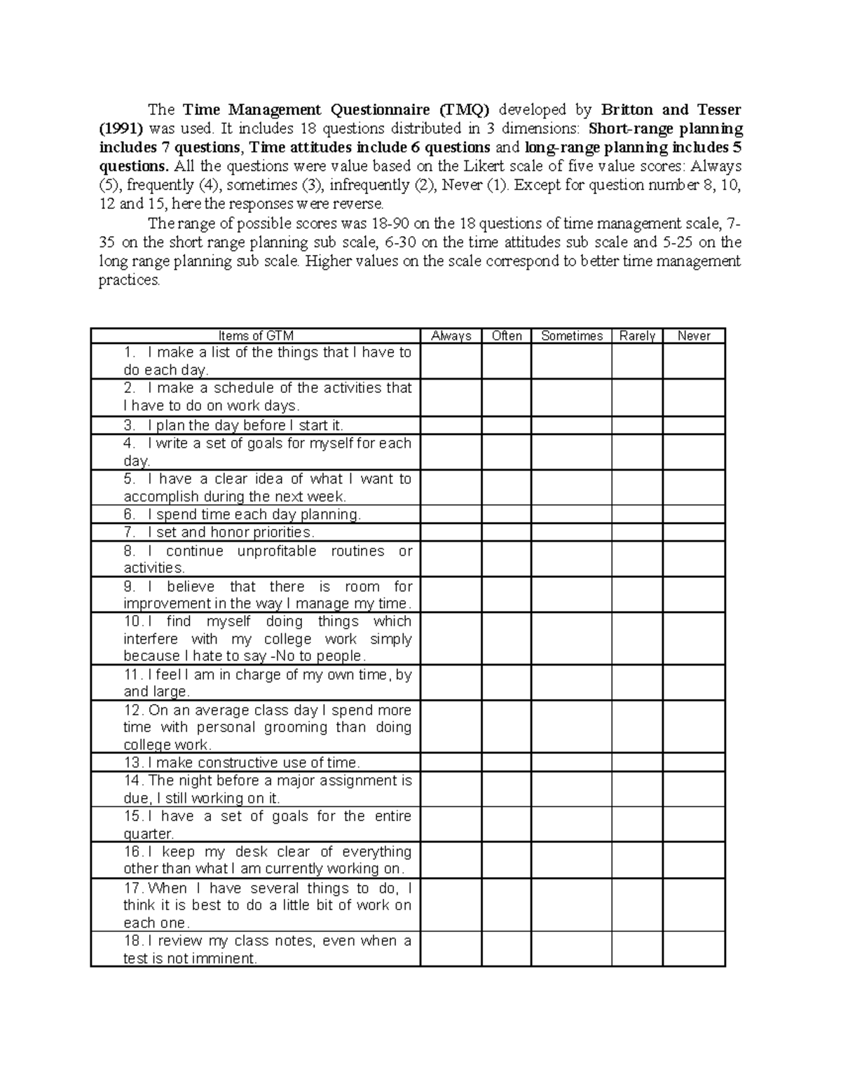 The Time Management Questionnaire - It includes 18 questions ...