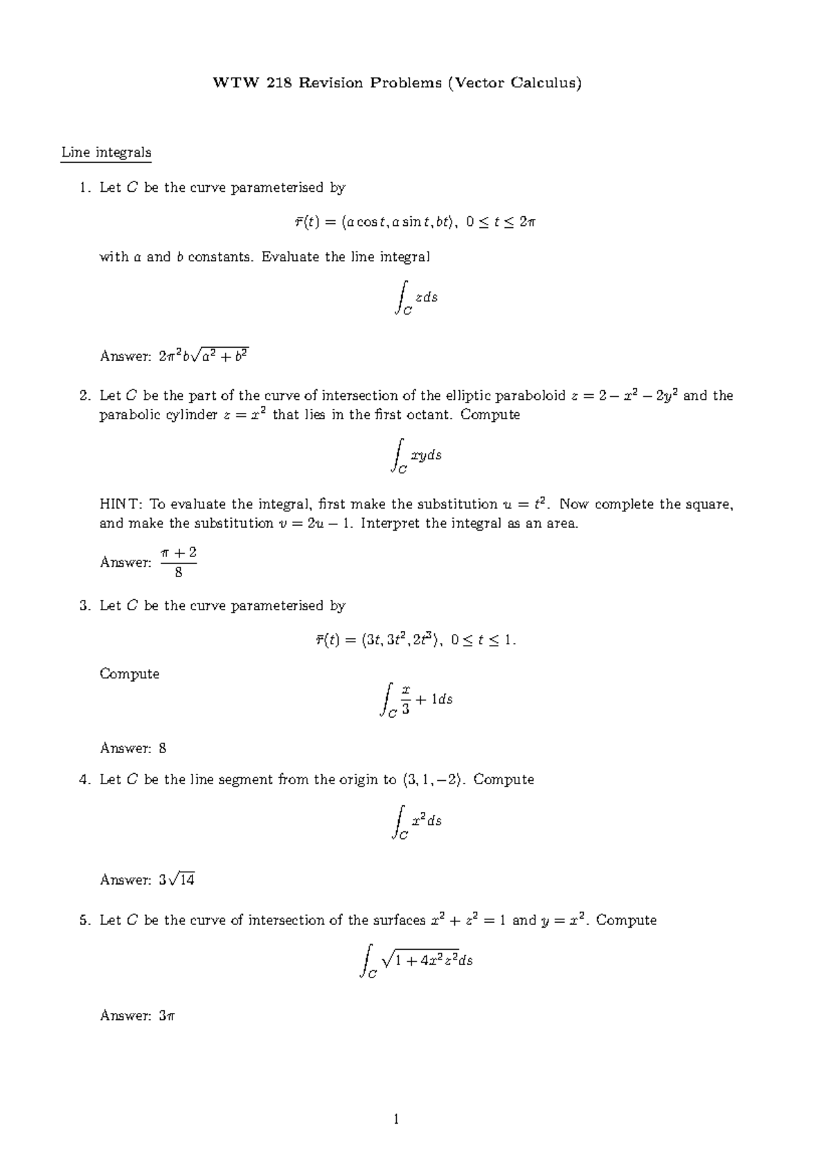 WTW 248 revision problems - WTW 218 Revision Problems (Vector Calculus ...
