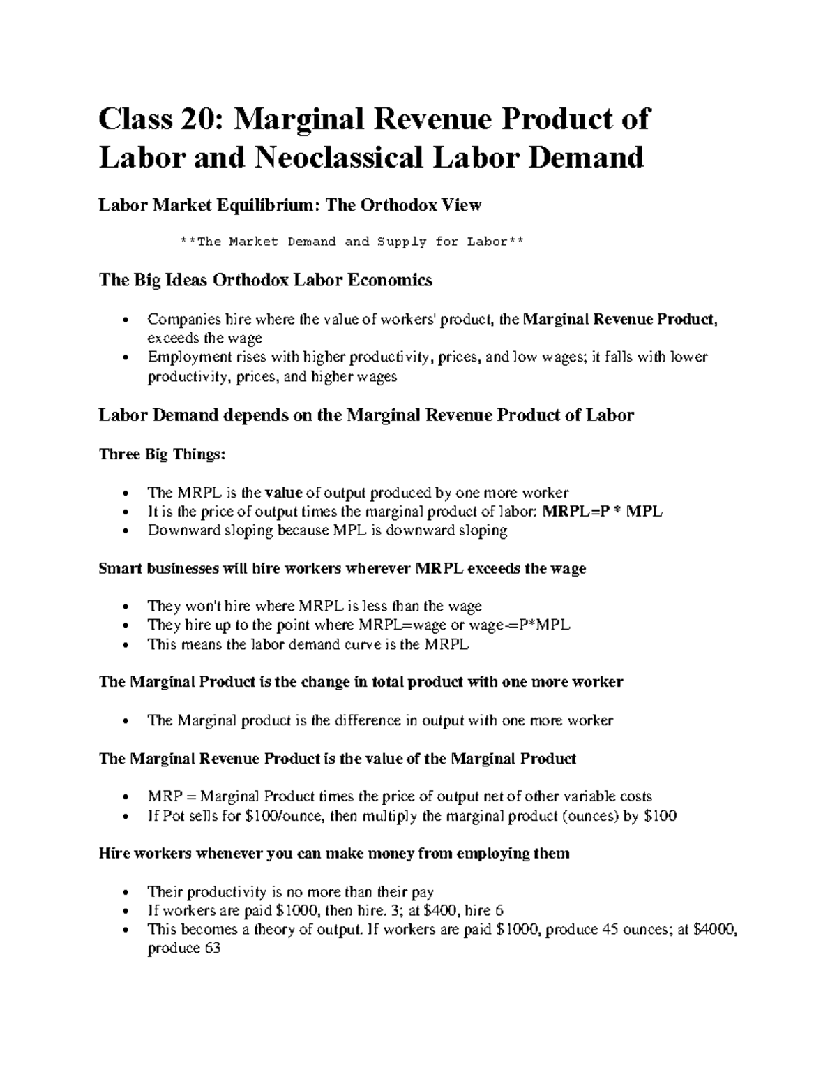 Microeconomics Marginal Revenue, Labor Supply - Class 20: Marginal ...